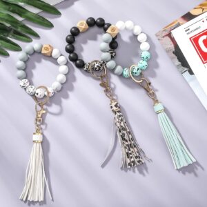 MTLEE 3 Pieces Mother's Day Silicone Keychain Beaded Wristlet Key Ring Bracelet Beaded Keychain with Leather Tassel for Women