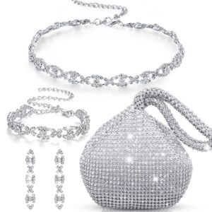 mtlee 4 pieces rhinestone necklace choker bracelet earring clutch purses jewelry set women crystal triangle bling diamond purse rhinestone bag for wedding party (silver)