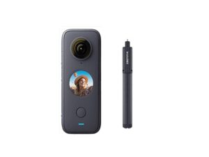 insta360 one x2 360 degree waterproof action camera, 5.7k 360, stabilization, touch screen, ai editing, live streaming, webcam, voice control + tripod selfie stick