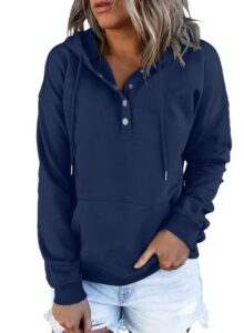 dokotoo womens sweatshirt ladies fall tops drawstring hoodies sweatshirts for women long sleeve hooded pullover with pockets button collar fleece casual basic simple winter shirts tops blue xl