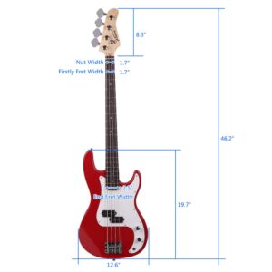 GLARRY Full Size Electric Bass Guitar Beginner Kit 4 String Exquisite Basswood Bass with 20W AMP, Cable, Strap, Bag and Accessories (Red)