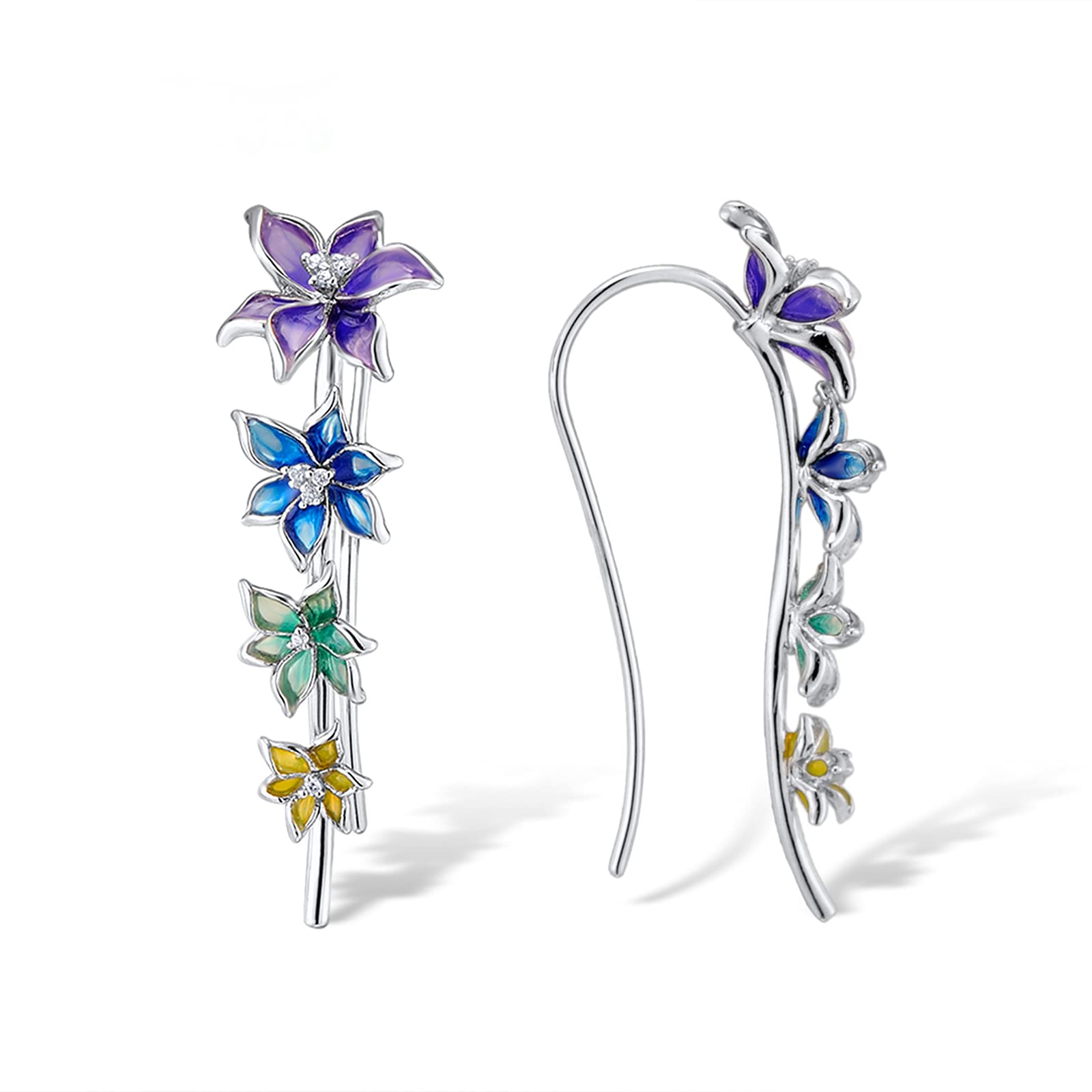 Santuzza Enamel Colorful Flower Ear Cuffs Climber Earrings 925 Sterling Silver Orchid Ear Crawler Earrings for Women