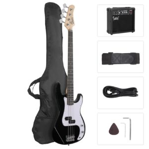 glarry full size electric bass guitar beginner kit 4 string with amp, cable, strap, bag and accessories (black)