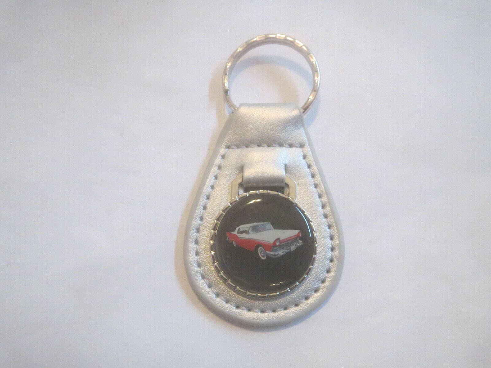 1957 FAIRLANE SUNLINER RED & WHITE CAR LOGO LEATHER KEYCHAIN - SILVER