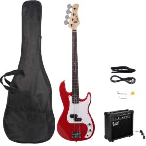 glarry full size electric bass guitar beginner kit 4 string exquisite basswood bass with 20w amp, cable, strap, bag and accessories (red)