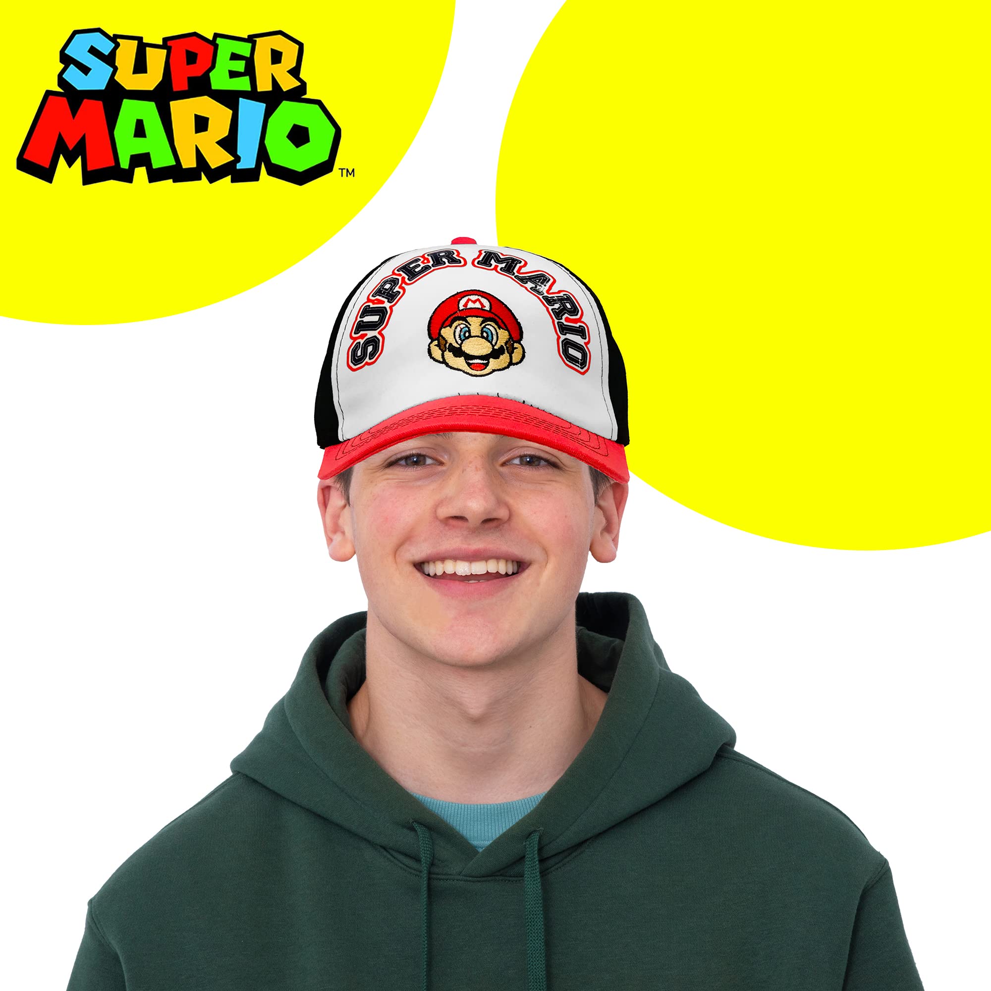 Nintendo Super Mario Men's Baseball Cap Hat - Adjustable Snap Closure - 100% Cotton Red-Black Adult Size