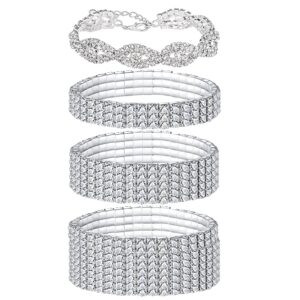 jewpark 4 pcs crystal tennis bracelet silver rhinestone stretch bracelets for women 4a