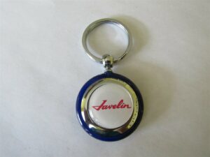 javelin script emblem logo round plastic keychain - blue