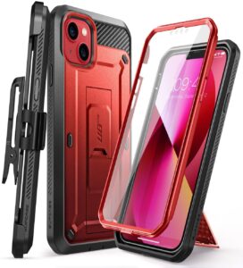 supcase for iphone 13 case with stand & belt-clip (unicorn beetle pro), [built-in screen protector] [military-grade drop protection] heavy duty rugged kickstand phone case for iphone 13, ruddy