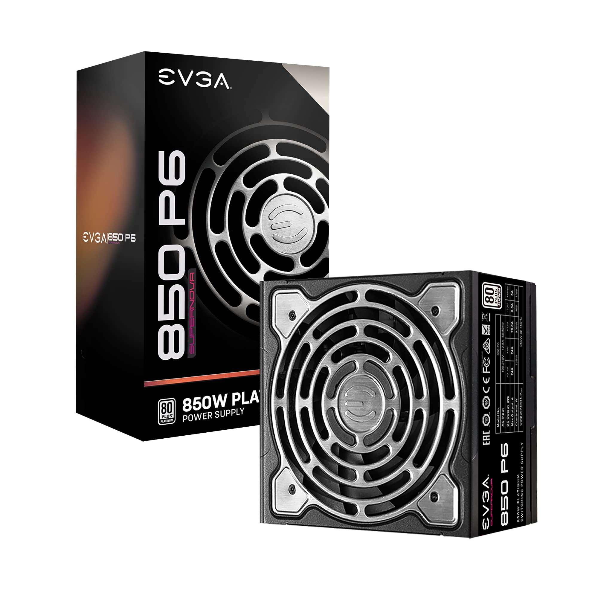 EVGA Supernova 850 P6, 80 Plus Platinum 850W, Fully Modular, Eco Mode with FDB Fan, 10 Year Warranty, Includes Power ON Self Tester, Compact 140mm Size, Power Supply 220-P6-0850-X1