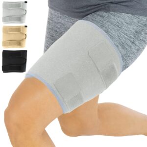 vive thigh brace - hamstring quad wrap - adjustable compression sleeve support for pulled groin muscle, sprains, quadricep, tendinitis, workouts, sciatica pain and sports recovery - men, women (grey)