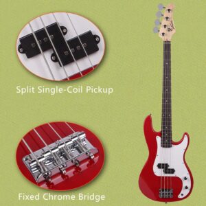 GLARRY Full Size Electric Bass Guitar Beginner Kit 4 String Exquisite Basswood Bass with 20W AMP, Cable, Strap, Bag and Accessories (Red)