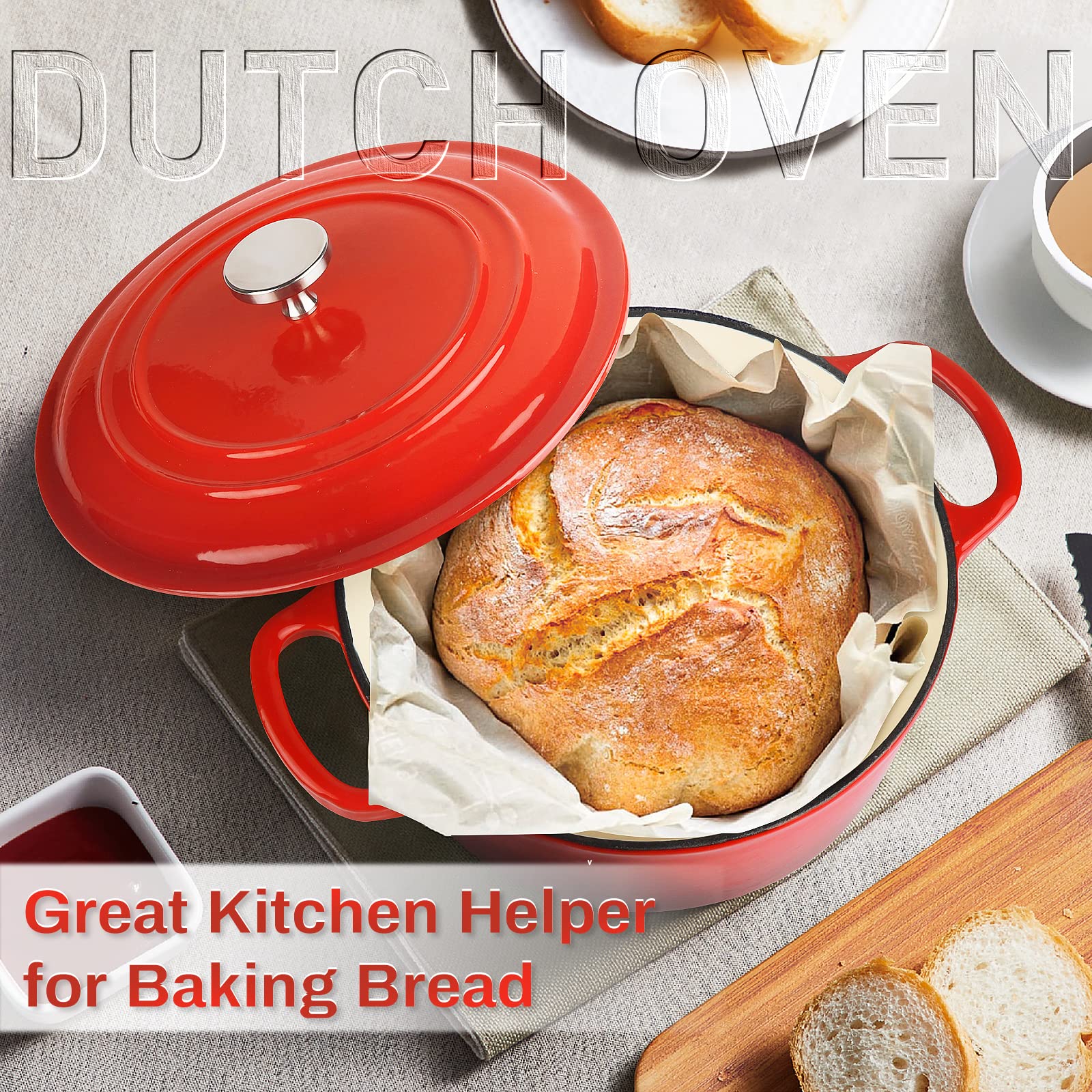 6 Quart Enameled Dutch Oven, Cast Iron Dutch Oven, Covered Dutch Oven, Enamel Stockpot with Lid, Red