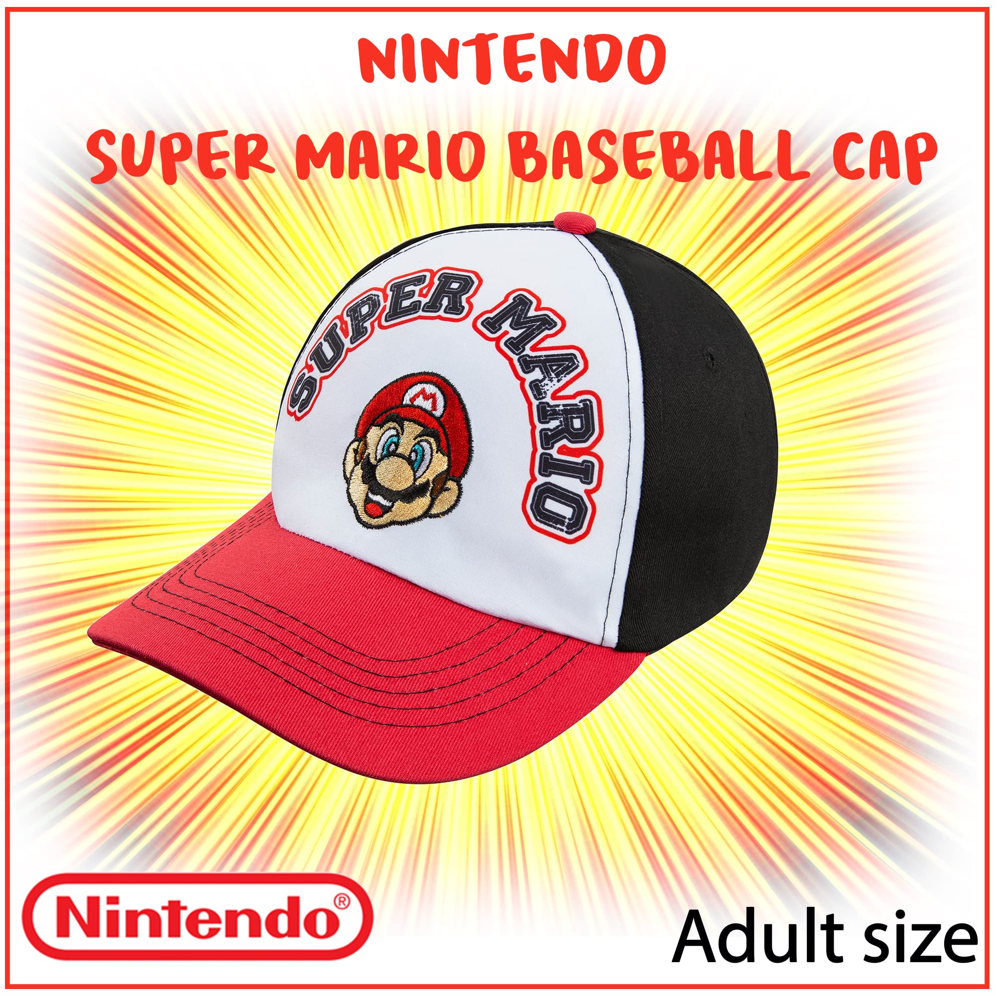 Nintendo Super Mario Men's Baseball Cap Hat - Adjustable Snap Closure - 100% Cotton Red-Black Adult Size