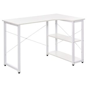 homcom industrial l-shaped computer desk with 2 side shelves and steel frame, corner desk, study workstation for home office, white