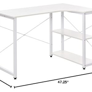 HOMCOM Industrial L-Shaped Computer Desk with 2 Side Shelves and Steel Frame, Corner Desk, Study Workstation for Home Office, White