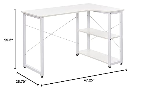 HOMCOM Industrial L-Shaped Computer Desk with 2 Side Shelves and Steel Frame, Corner Desk, Study Workstation for Home Office, White