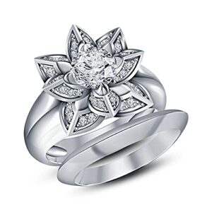 jewelry star 14k white gold over 925 sterling silver lotus flower cubic zirconia bridal engagement wedding ring set