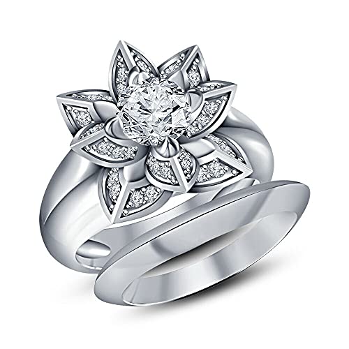 Jewelry Star 14K White Gold Over 925 Sterling Silver Lotus Flower Cubic Zirconia Bridal Engagement Wedding Ring Set