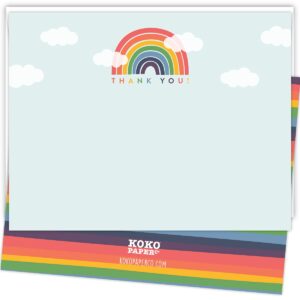 koko paper co rainbow thank you cards | 25 flat cards and 25 bright white envelopes | printed on heavy card stock.