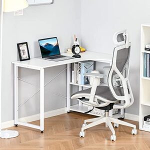 HOMCOM Industrial L-Shaped Computer Desk with 2 Side Shelves and Steel Frame, Corner Desk, Study Workstation for Home Office, White