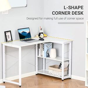 HOMCOM Industrial L-Shaped Computer Desk with 2 Side Shelves and Steel Frame, Corner Desk, Study Workstation for Home Office, White