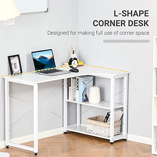 HOMCOM Industrial L-Shaped Computer Desk with 2 Side Shelves and Steel Frame, Corner Desk, Study Workstation for Home Office, White