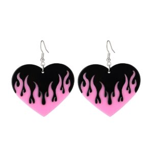 colorful flame acrylic earrings punk fire heart burning dangle drop earrings transparent funny geometric acrylic flame earrings for women (pink+black)