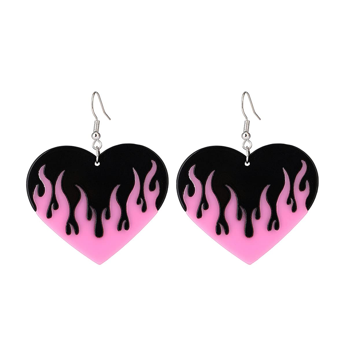 Colorful Flame Acrylic Earrings Punk Fire Heart Burning Dangle Drop Earrings Transparent Funny Geometric Acrylic Flame Earrings for Women (Pink+Black)