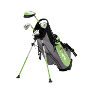 kvv junior complete golf club set for kids/children right hand, 4-piece set includes oversize driver, s# & 7# irons, putter, head cover, portable golf stand bag(lime8-10)