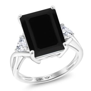 gem stone king 10k white gold black onyx and white moissanite 3 stone engagement ring for women (7.06 cttw, emerald cut 14x10mm, trillion 4mm, size 7)