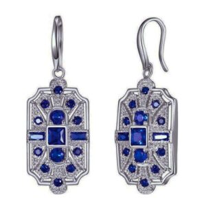 silver tone geometric classic art deco flapper antique retro style royal sapphire blue rhinestone wedding bridal prom formal gatsby party dangle earrings