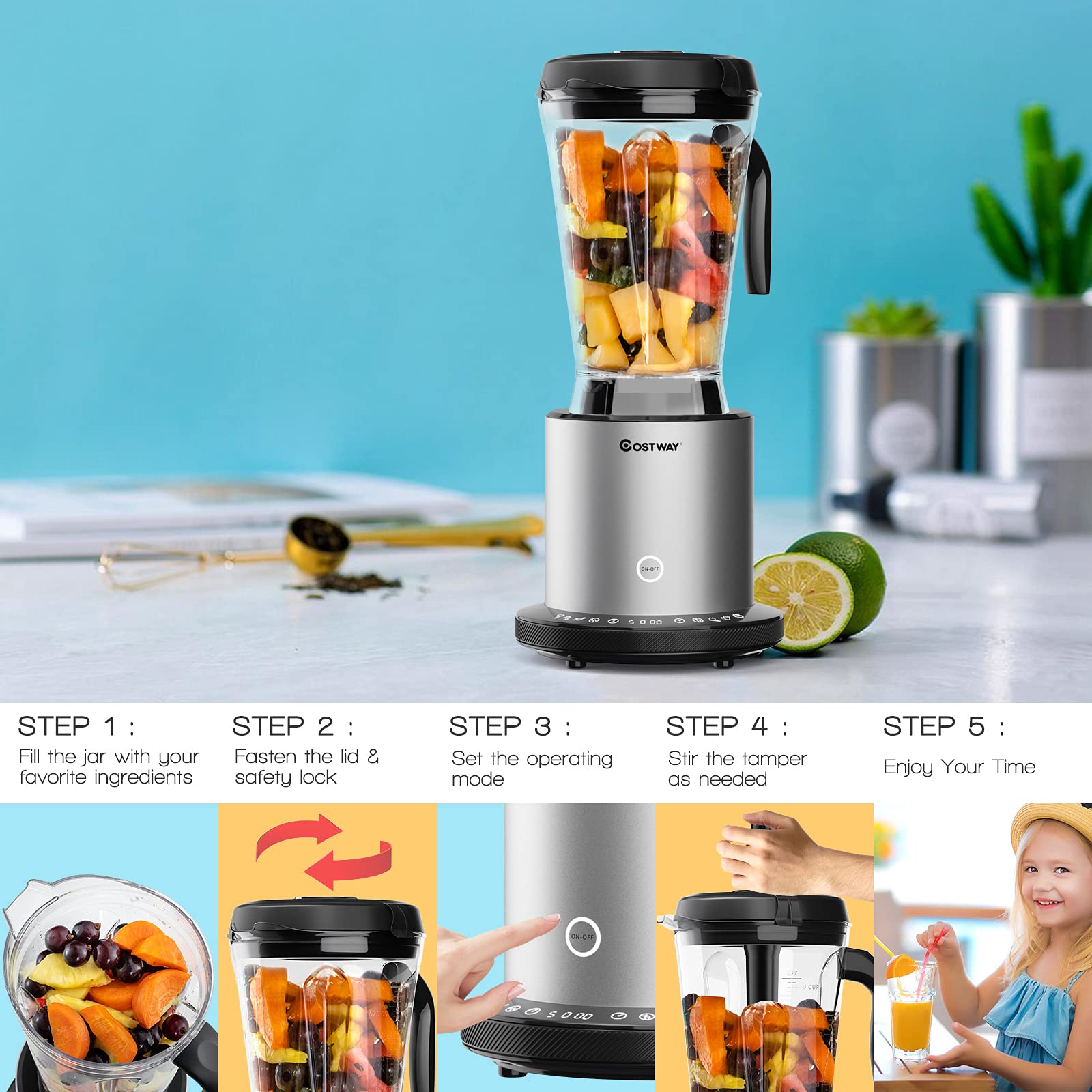 COSTWAY Professional 64oz Countertop Blender, Smoothie Maker Built-in Self-Cleaning with 10 Speed Control & 8 Pre-Set Programs, BPA-Free Pitcher, Crushing Blender for Smoothies, Frozen Fruit, 1500W