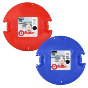 superio round snow saucer sleds- 26” plastic disc sleds for kids and adults- heavy duty sled discs with handles for downhill sledding, winter outdoor sports, (red, blue)