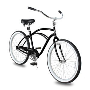 tracer bora lightweight beach cruiser bike for adult, 26 inch wheels, featuring steel step over or step through hi ten steel frame, 1 speed, coaster brake, hybrid (male, black)