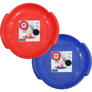 superio round snow saucer sleds- 24” plastic disc sleds for kids and adults- heavy duty sled discs with handles for downhill sledding, winter outdoor sports, (red and blue)