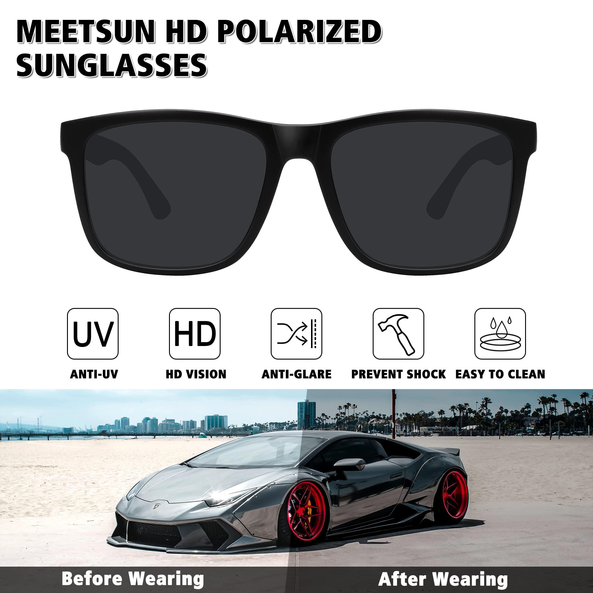 MEETSUN Polarized Sunglasses for Men Women Sports Fishing Driving Square Classic Sun Glasses UV400 Protection Matte Black Frame-Gray Lens