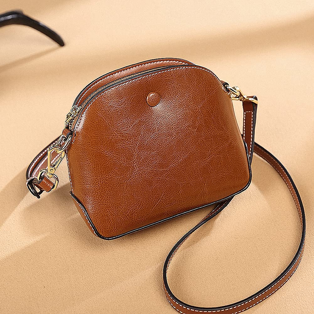 Mn&Sue Lightweight Small PU Leather Dome Purse Satchel Crossbody Bag Messenger Shoulder Handbag for Women (Brown)