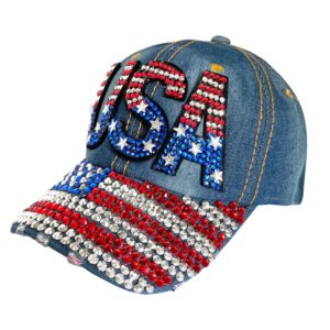 gamusi unisex usa american flag baseball cap denim distressed rhinestone hat for adults (usa letters)