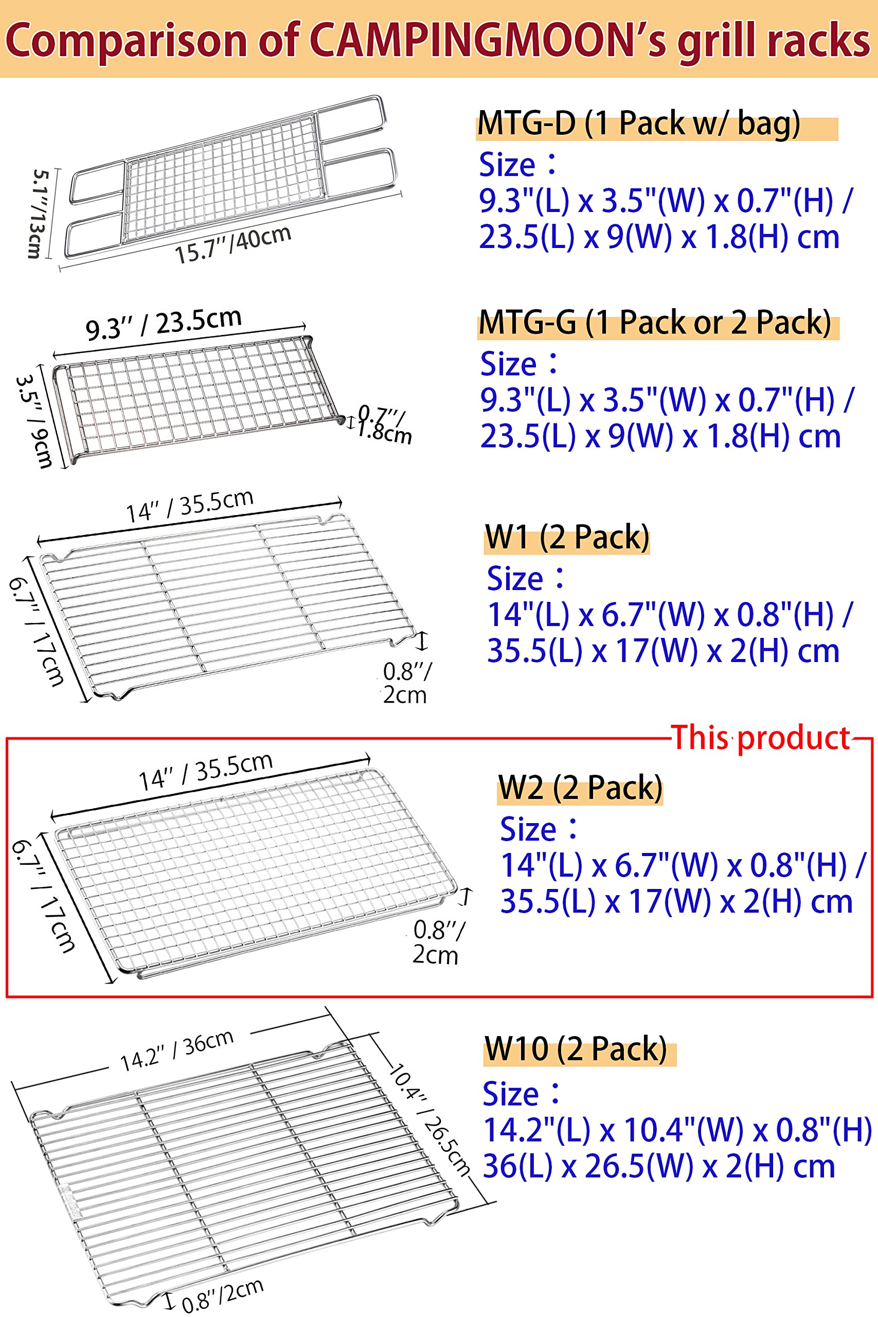 CAMPINGMOON Grill Racks Cooling Racks for Grilling Baking Cooking 304 Stainless Steel 2pcs set W2 14"(L) x 6 ¾"(W) Grid Wire Oven safe Dishwasher-safe