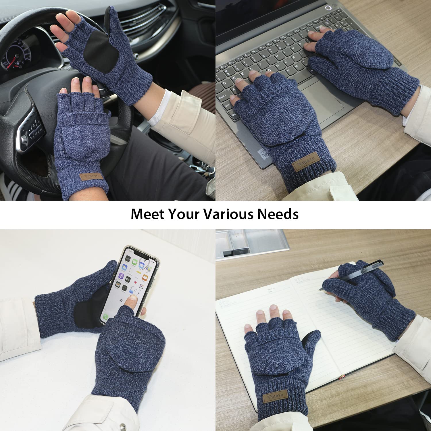 ViGrace Winter Knitted Convertible Fingerless Gloves Wool Mittens Warm Mitten Glove for Women and Men