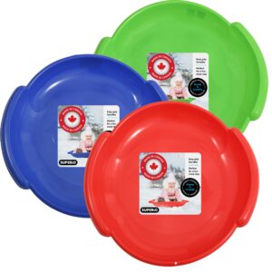 superio round snow saucer sleds- 24” plastic disc sleds for kids and adults- heavy duty sled discs with handles for downhill sledding, winter outdoor sports, (red, blue, green)