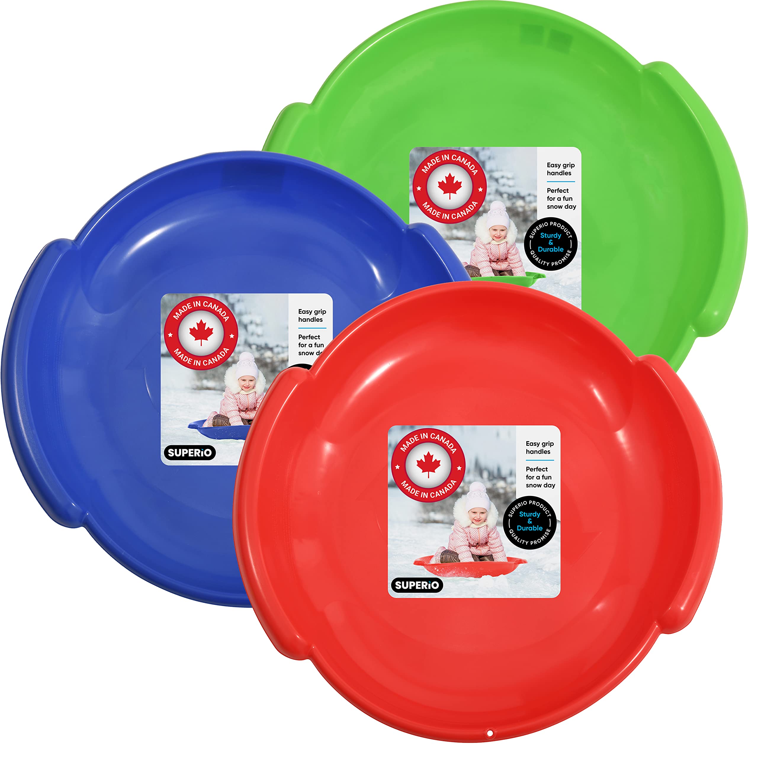 Superio Round Snow Saucer Sleds- 24” Plastic Disc Sleds for Kids and Adults- Heavy Duty Sled Discs with Handles for Downhill Sledding, Winter Outdoor Sports, (Red, Blue, Green)