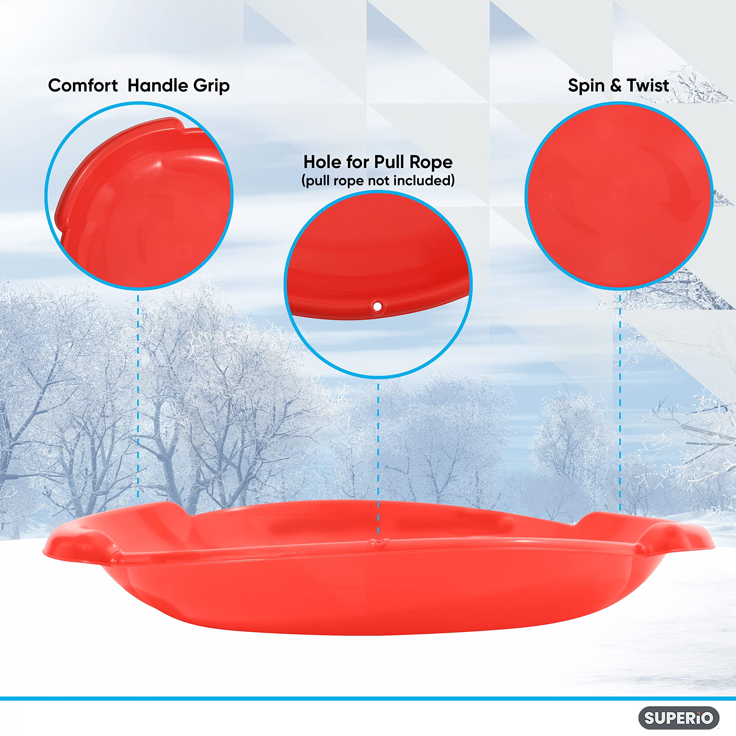 Superio Round Snow Saucer Sleds- 24” Plastic Disc Sleds for Kids and Adults- Heavy Duty Sled Discs with Handles for Downhill Sledding, Winter Outdoor Sports, (Red, Blue, Green)