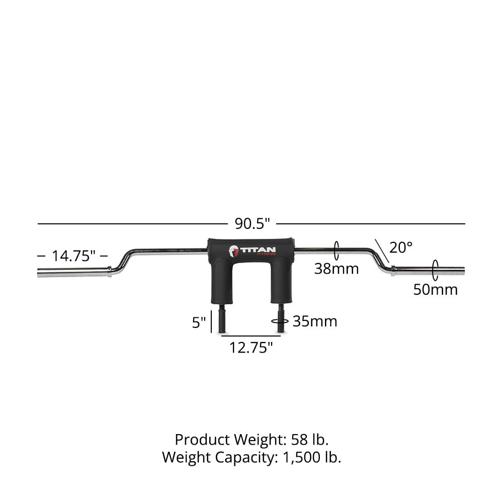 Titan Fitness Rackable Safety Squat Bar, Cambered Barbell with 5" Drop, Rated 1,500 LB, HeftyGrip Shoulder and Arm Pads, 35mm Easy-Grip Hand Grips, Ribbed Olympic Weight Sleeves