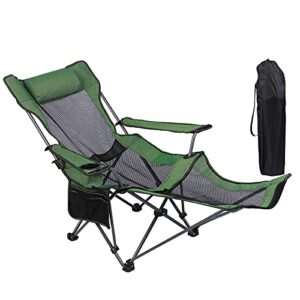 nurtudis camping lounge chair, portable camping chair with footrest, folding reclining camping chair,storage bag & headrest, mesh recliner, 330lbs weight capacity (green)