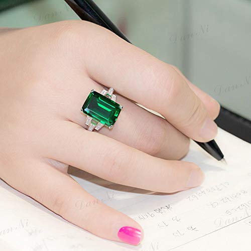 Green Simulated Emerald Silver Rings Emerald Cut Created Green Emerald 18K Platinum Plated Engagement Wedding Ring Womens 5ct Birthstone Solitaire Engagement Ring(8)