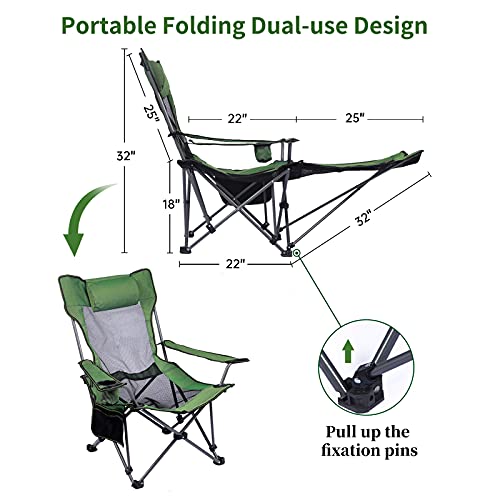 NURTUDIS Camping Lounge Chair, Portable Camping Chair with Footrest, Folding Reclining Camping Chair,Storage Bag & Headrest, Mesh Recliner, 330lbs Weight Capacity (Green)