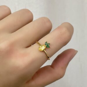 CZ Pineapple Thin Cute S925 Sterling Silver Gold Plated Engagement Open Tail Rings Dainty Adjustable Finger Promise Statement Band Small Fruit Colorful Ring Jewelry Gifts for Birthday Women Daughter Xmas