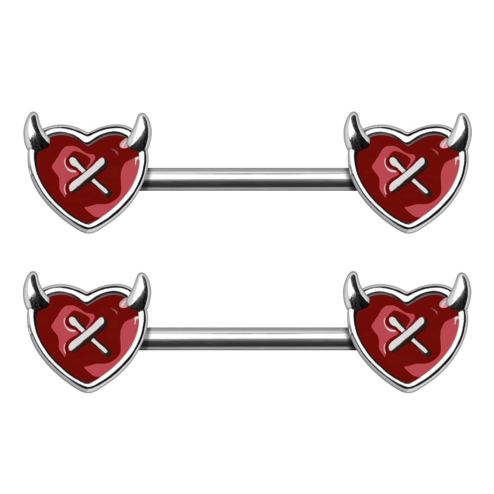 Pierced Owl 14GA Devil's Broken Heart 316L Surgical Stainless Steel Barbell Nipple Rings, Sold as a Pair